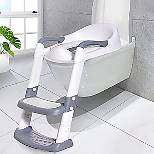 Potty Training Seat with Step Stool Ladder, Gentle Monster Toddler Potty Training Toilet for Kids Boys Girls Baby, Foldable & Comfortable Training Potty Chair Toilet for Child with Anti-Slip Pad(Grey)
