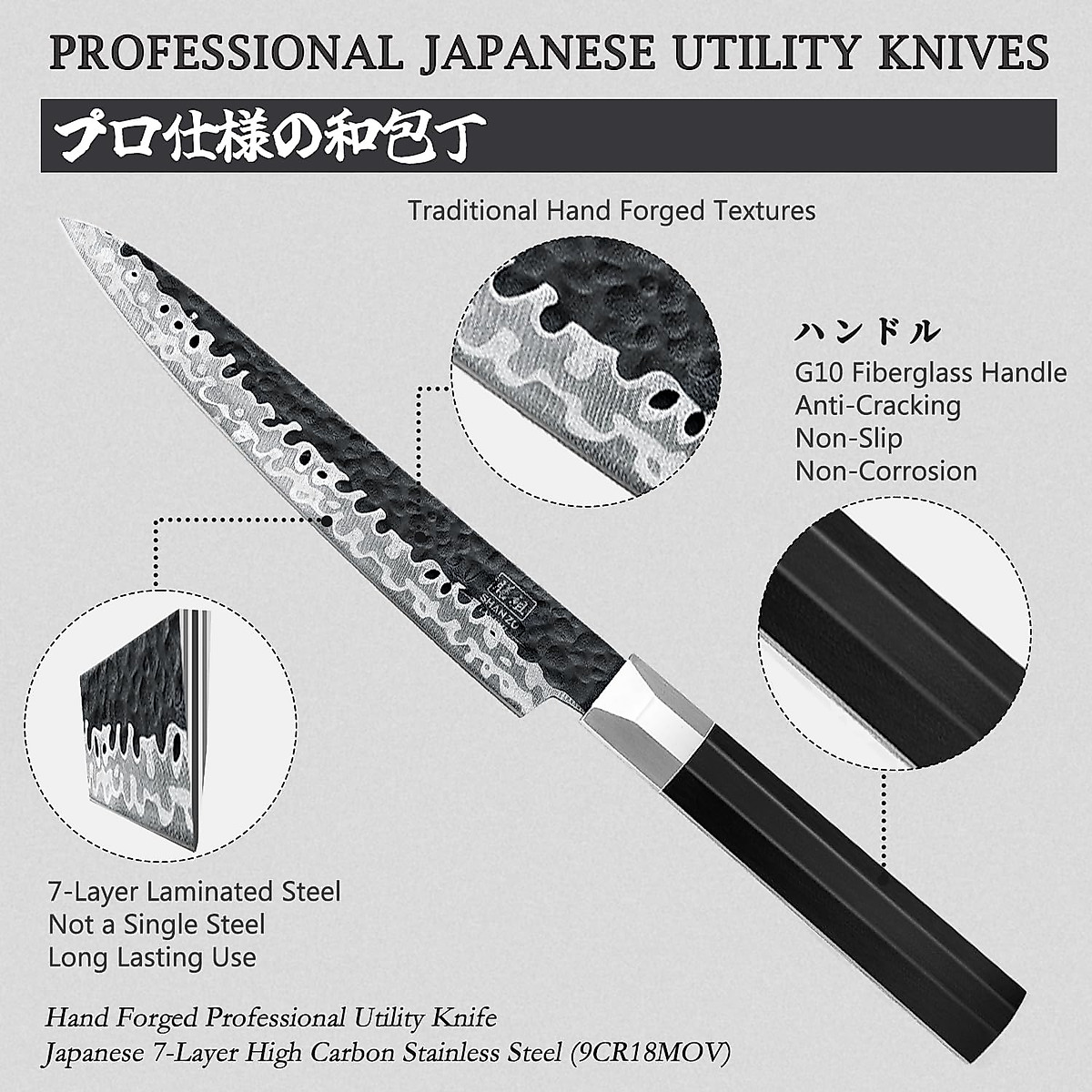 SHAN ZU Kitchen Utility Knife 6 inch, 7 Layers 9Cr18MoV High Carbon Steel Japanese Chef Knife for Slicing/Chopping/Dicing, Professional Super Sharp Gyuto Knife with Ergonomic G10 Fiberglass Handle
