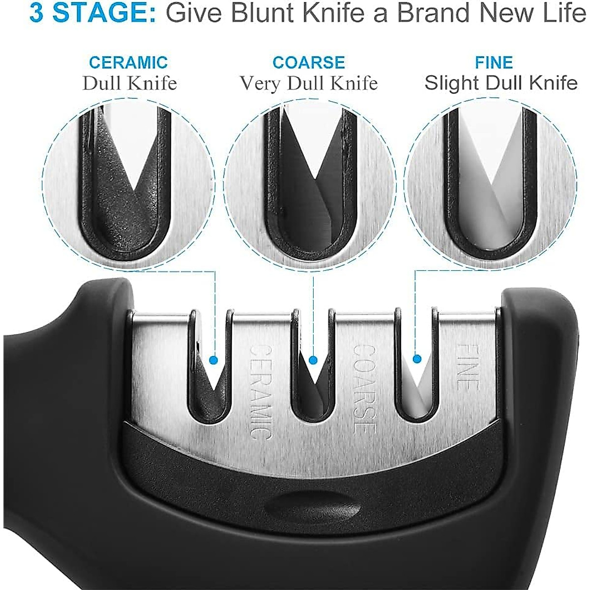 Daailoktau 3-in-1 Knife Sharpener, 3 Stage Manual Sharpener for Sharpening Kitchen Knives - Ceramic Stone, Tungsten Carbide Plates, Diamond rods. Ergonomic Design, Black/Chrome Finish