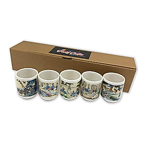 PARTYCRAFTZ Korean Soju Shot Glass Set – 5 Piece Ceramic Pottery Cup for Whiskey Sake Vodka Alcohol Liquor w/Korea Traditional Illustration Paintings Gift Party Decoration Display Drinking Glasses