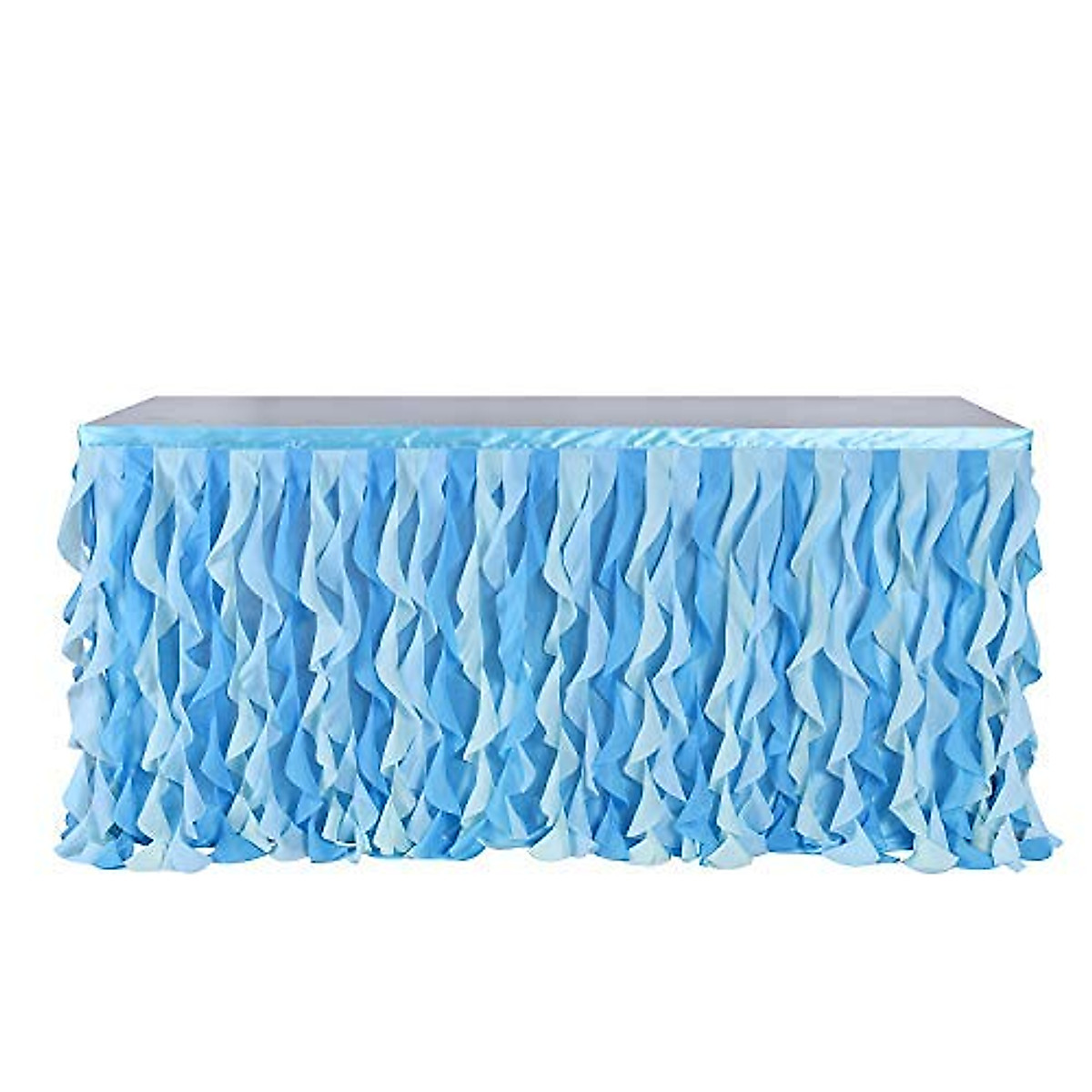 leegleri Tulle Ruffle Curly Willow Table Skirt for Rectangle Table 6 ft, Under The Sea Ocean Blue Tutu Table Skirt for Baby Shower, Birthday Party, Baby Shark