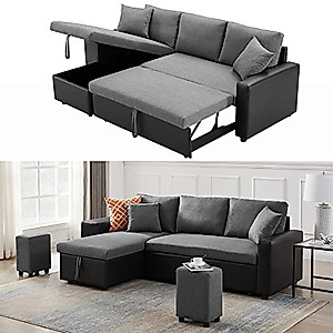 Runboll Sectional Sofa with Pull-Out L-Shape Bed Reversible Chaise Sofa with Storage Seat Sleeper Couch with 2 Stools