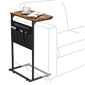 ZERDER C Shaped End Table, Small Side Table with Storage Bag for Couch, Sofa Table with Metal Frame for Living Room and Bedroom Bedside, Rustic Brown ZER-007Br