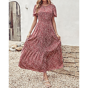PRETTYGARDEN Women's Summer Casual Short Flutter Sleeve Round Neck Smocked Waist Tiered Boho Floral Flowy Maxi Dress(Floral Red Brown,X-Large)