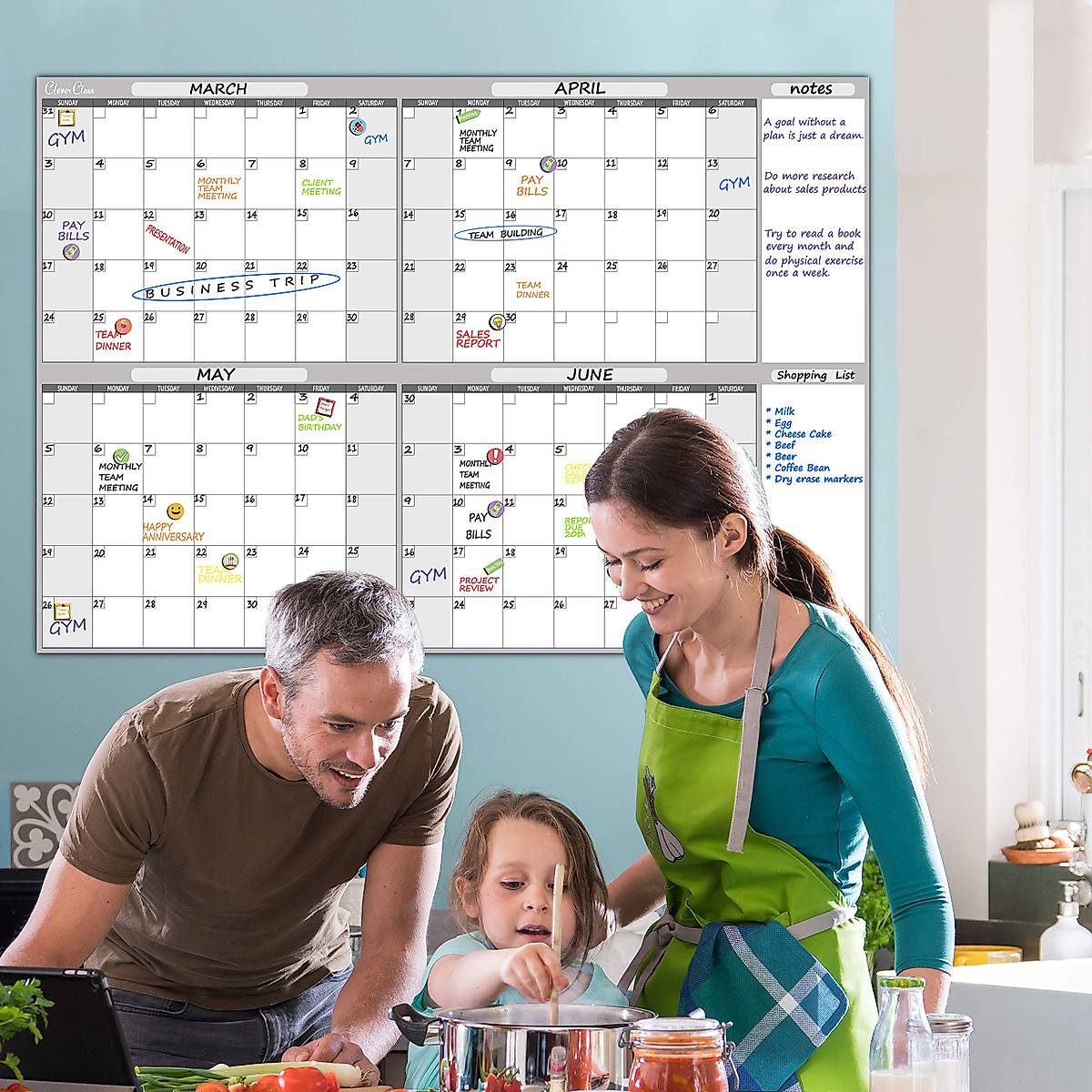 CLEVER CLEAN Large Dry Erase Wall Calendar - 36" x 52" Undated 4-Month Calendar for Home, Office, School - Reusable Jumbo Laminated Task Organizer