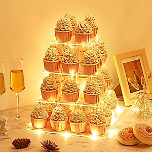 4 Tier Cupcake Stand with LED String Light, Acrylic Display Stand, Square Tower Holder, Cup Cake for Birthday, Wedding, Baby Shower, Party