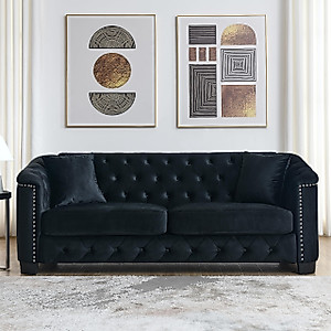 Goohome 77" Modern Chesterfield Sofa 3-Seater, Velvet Loveseat Sofá Couches for Living Room, Comforty Upholstered Tufted Backrests with Nailhead Arms and 2 Cushions, for Apartment Bedroom, B-Black A