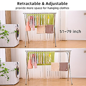 funest Clothes Drying Rack, 79 Inches Adjustable & Foldable Laundry Drying Rack, Heavy Duty Stainless Steel Drying Rack Clothing with 20 Hooks, 12 Clips, Suitable for Indoor, Outdoor and Balcony