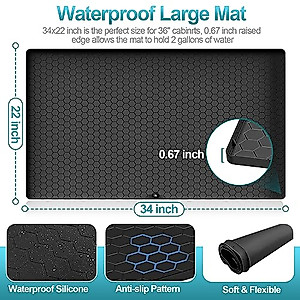UEAKPIC Under Sink Mat 34" x 22", Waterproof Silicone Undersink Mat for Kitchen, Bathroom, Cabinet Protector Fits 36" Standard Cabinets, Under Sink Tray Liner Up to 2.2 Gallons Liquid (Black)