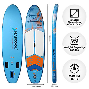 NAFCOOL Inflatable Stand Up Paddle Board,10'4"×32"×6" Surfing Standing Paddle Board with SUP Accessories & Backpack, Non-Slip Deck,Removable Fins,Leash,Paddle,Hand Pump for Youth & Adult(Sky Blue)
