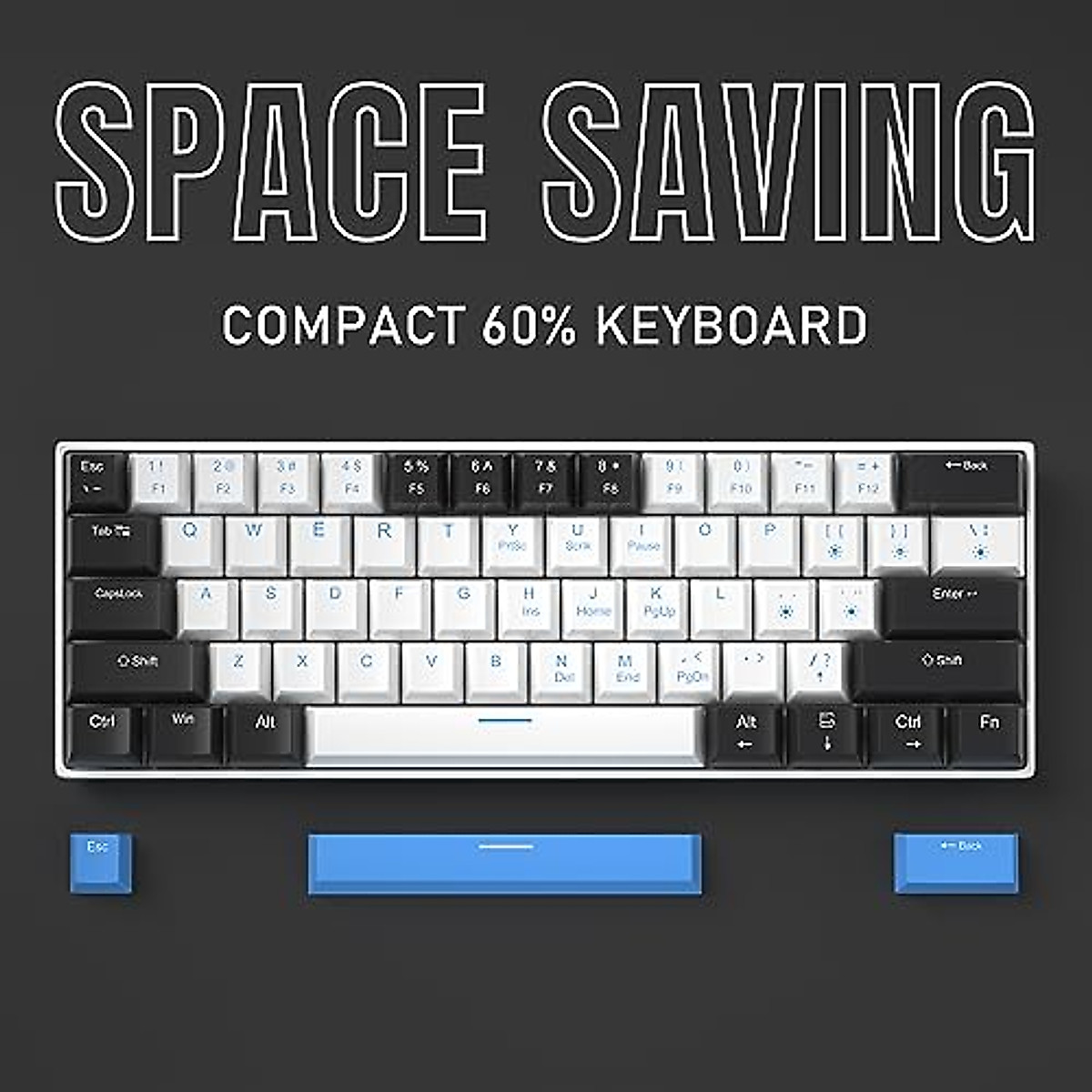 60 Percent Mechanical Gaming Keyboard,Black White Blue Mixed Color Keycaps Gaming Keyboard with Brown Switches, Detachable Type-C Cable Mini Keyboard with Blue LED Light for Windows/Mac/PC/Laptop