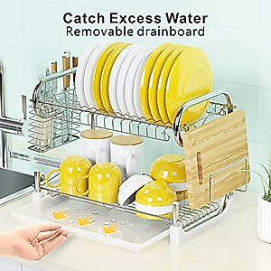 iSPECLE 2 Tier Dish Drying Rack, Dish Rack with Drainboard Set Dish Drain Utensil Holder, Cutting Board Holder for Small Kitchen Countertop