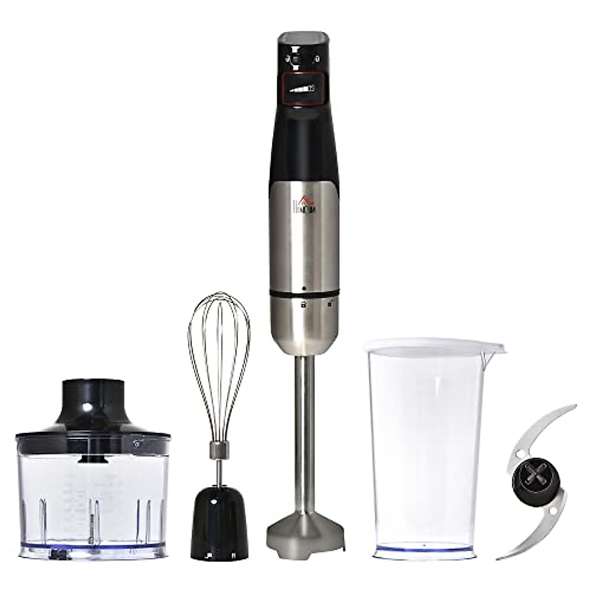 HOMCOM Immersion Hand Blender, 400W 4-in-1 Handheld Stick Blender with Adjustable Speed, 500ml Chopper, Egg Whisk, 800ml Measuring Cup, and Stainless Steel Blades, Silver/Black