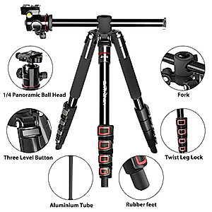 Portable and Stable Smvchen 70" Axis Horizontal Tripod Monopod for DSLR Cameras and Phone with 360°Ball Head and Rotatable Center Column 5-Section Aluminum Alloy Tripod Max. Load Capacity 10kg(Red)