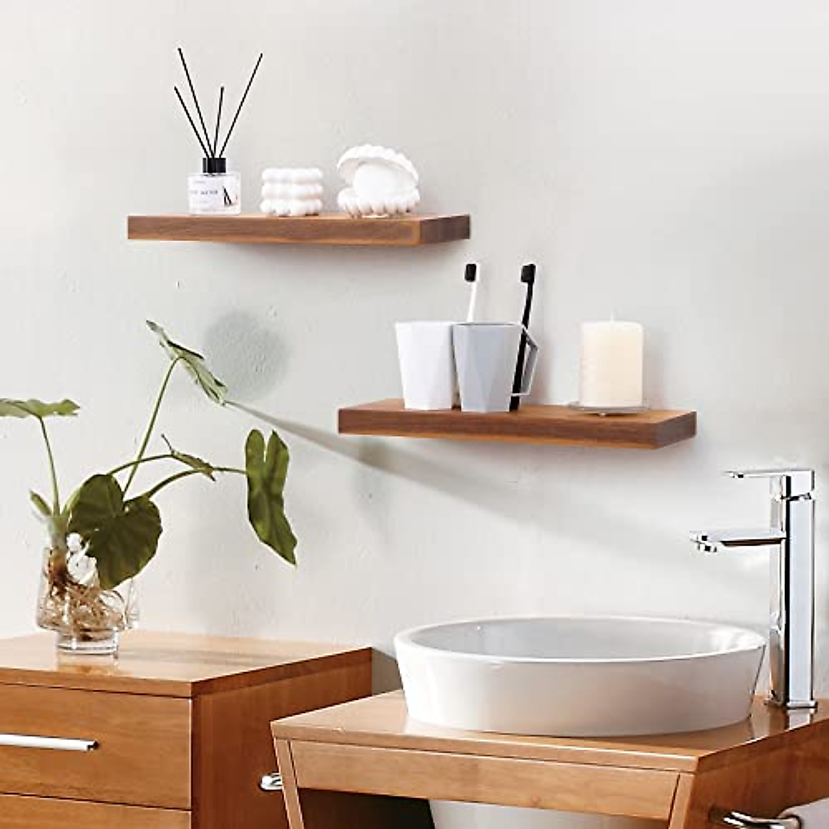 Fun Memories Floating Shelves 16 Inch Long Wall Mounted, Rustic Farmhouse Wooden Wall Shelf Set of 2, Solid Acacia Wood Floating Shelf for Bathroom, Kitchen, Living Room