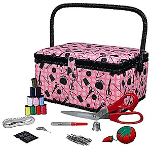 SINGER 07276 Sewing Basket with Sewing Kit Accessories, Pink & Black