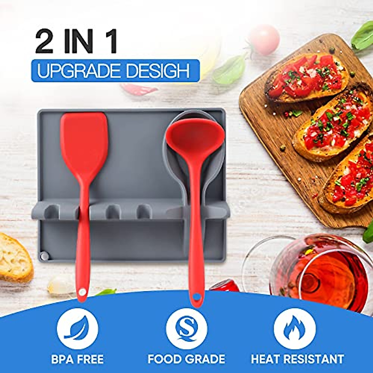 Silicone Spoon Rest, 2 in 1 Larger Size Silicone Spoon Holder for Stove Top, Upgraded Utensil Rest with Drip Pad Include 8 Slots & 1 Spoon Holder, Hang Hole Design, 2pcs, AHOUGER (Grey)
