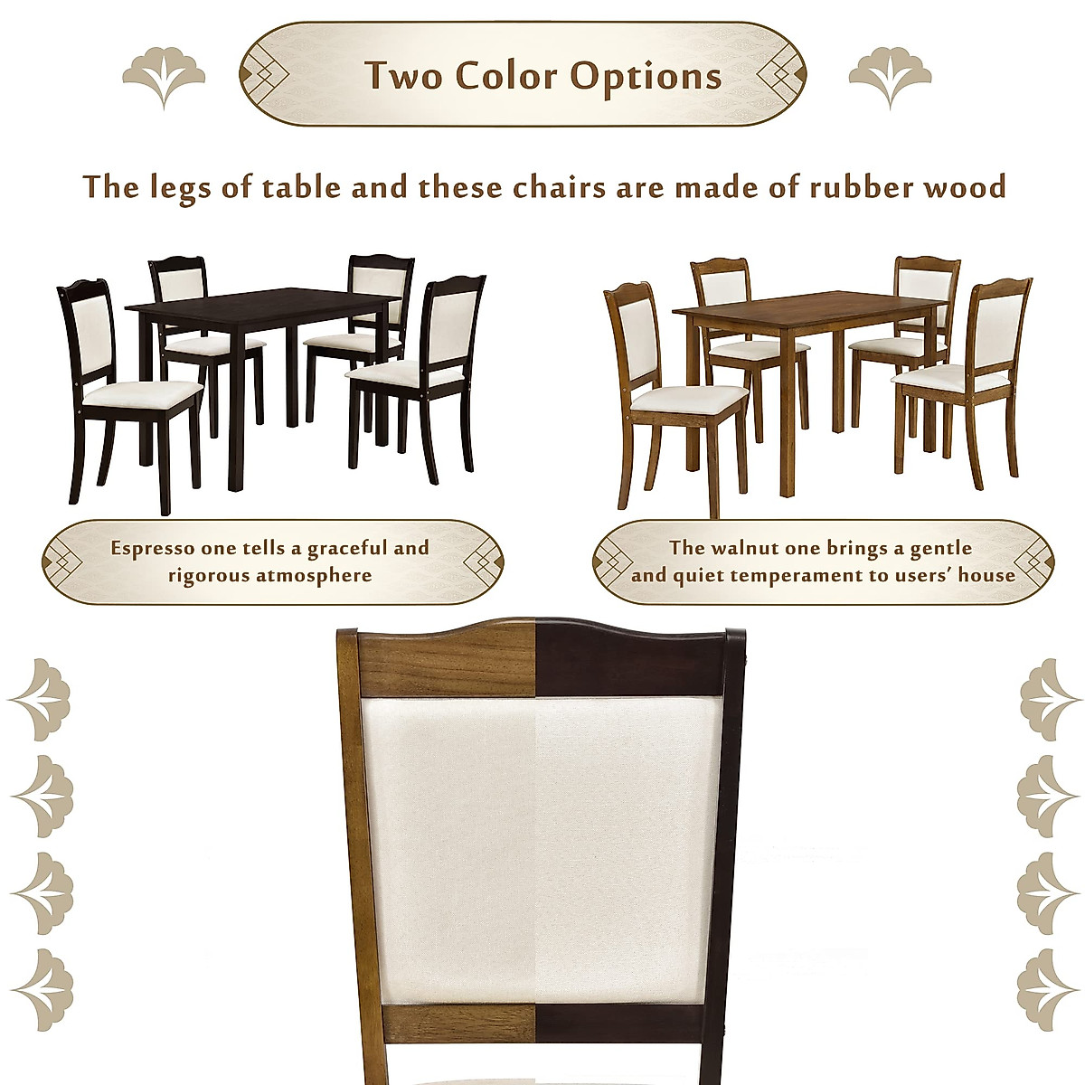 APRILSOUL 5-Piece Wood Dining Set with Simple Style Rectangular Tables with Upholstered Chairs for Space, for Playroom, Living Room, Home Bar, and Kitchen, Espresso