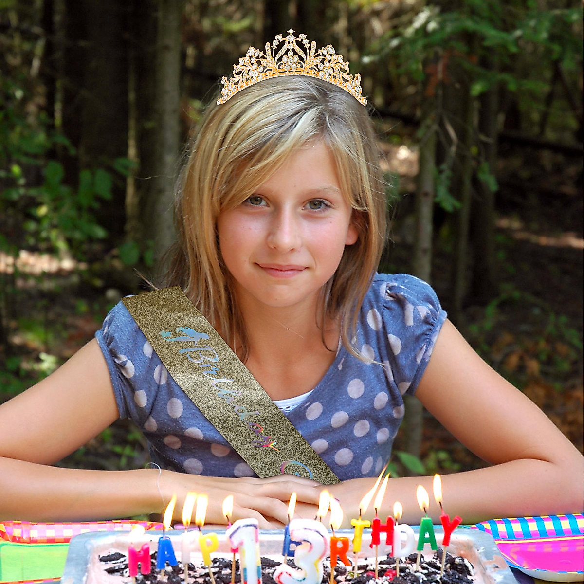 Vovii Birthday Sash and Tiara for Girls Birthday Girl Gold Sash and Rhinestone Gold Tiara Set Birthday Decoration Headband for Little Girl Hair Accessories for Birth Party Gold