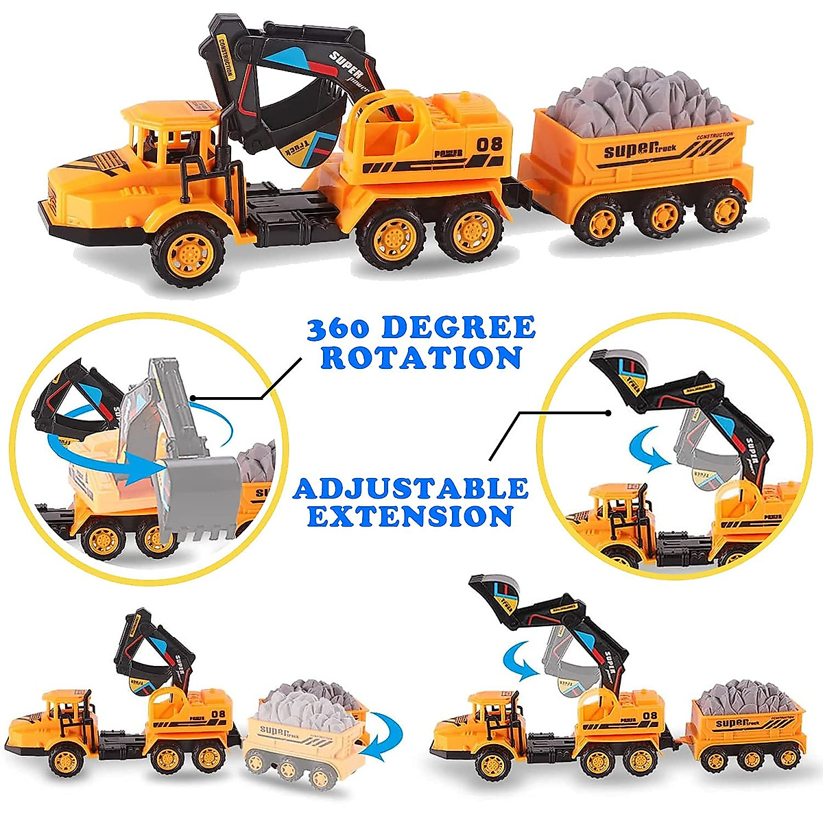 Liberty Imports 3 PCS Construction Trucks Toys for Kids, Big Rig Cargo Transport Model Vehicles Semi with Trailers Playset - Dump Truck, Cement Mixer, Excavator