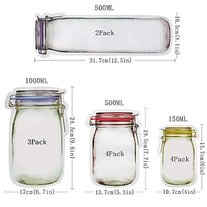 RRJQW Mason Jar Zipper Bags, Reusable Plastic Food Storage Bags with Flip Top Closure, Airtight Seal, Leakproof, Microwaveable, 13 Pieces (Tallx2+Lx3+Mx4+Sx4), Green, Purple, Yellow, Red