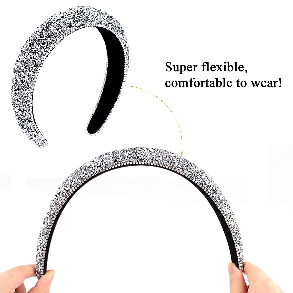 Wecoe Rhinestone Diamond Bling Glitter Sparkle Silver Fashion Headbands for Women and Girls - Thick Padded Hair Accessories Gift