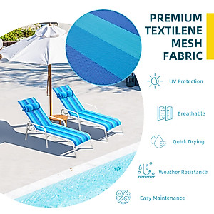 EROMMY Patio Chaise Lounges, Set of 2 Outdoor Lounge Chairs with Adjustable Backrest, All-Weather Textiline Recliner Chairs, for Patio Beach Yard Pool,Blue