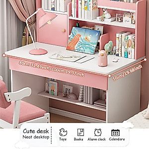 QQXX Cute k*id-s Study Desk with Chair,Wooden Ergonomics Study Desk Table with Drawer and Storage Shelf,Computer Workstation with Bookshelf Hutch,Multi Function Desk and Chair Set for Boys and Girls