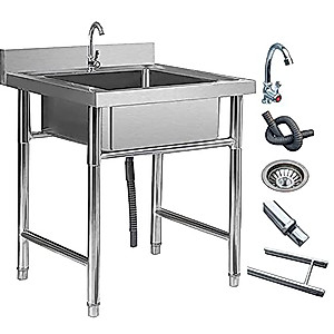 Stainless Steel Sink, Commercial Utility Kitchen Sink Multifunction Free Standing Movable Single?Bowl?Catering Sink Household Wash Vegetable Basin with Backsplash Faucet (60 * 60 * 80cm)