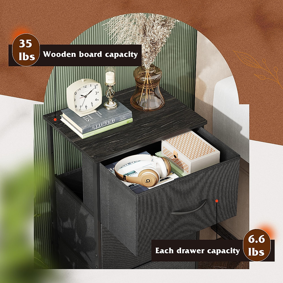 WLIVE Dresser with 3 Drawers, Fabric Nightstand, Organizer Unit, Storage Dresser for Bedroom, Hallway, Entryway, Closets, Sturdy Steel Frame, Wood Top, Easy Pull Handle, Charcoal Black