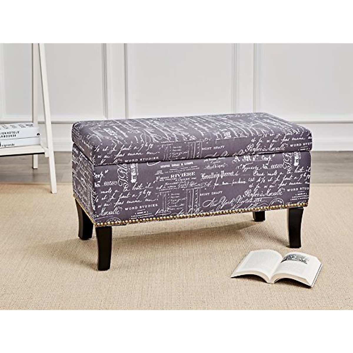 FIRST HILL FHW Endora Rectangular Fabric Storage Ottoman with Script-Style Pattern - Storm Grey