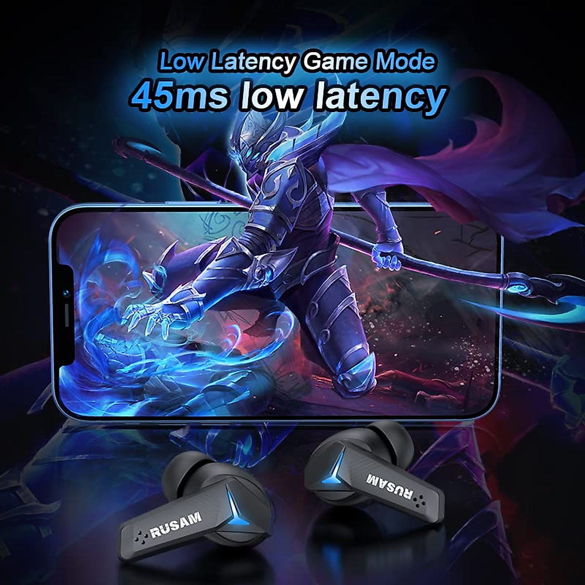 RUSAM GA33 TWS Game Earbuds True Wireless Stereo Headset Low Latency Bluetooth 5.2 Headphones Wireless Deep Bass Touch Control Earbuds HD Physical Noise Cancellation Earphones,White