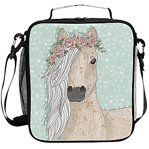 Pfrewn Cute Horse Lunch Box Unicorn Animals Flowers Fairytale Insulated Lunch Bag Reusable Cooler Meal Prep Bags Lunch Tote with Shoulder Strap for Office Adults School Kids Girls Teens