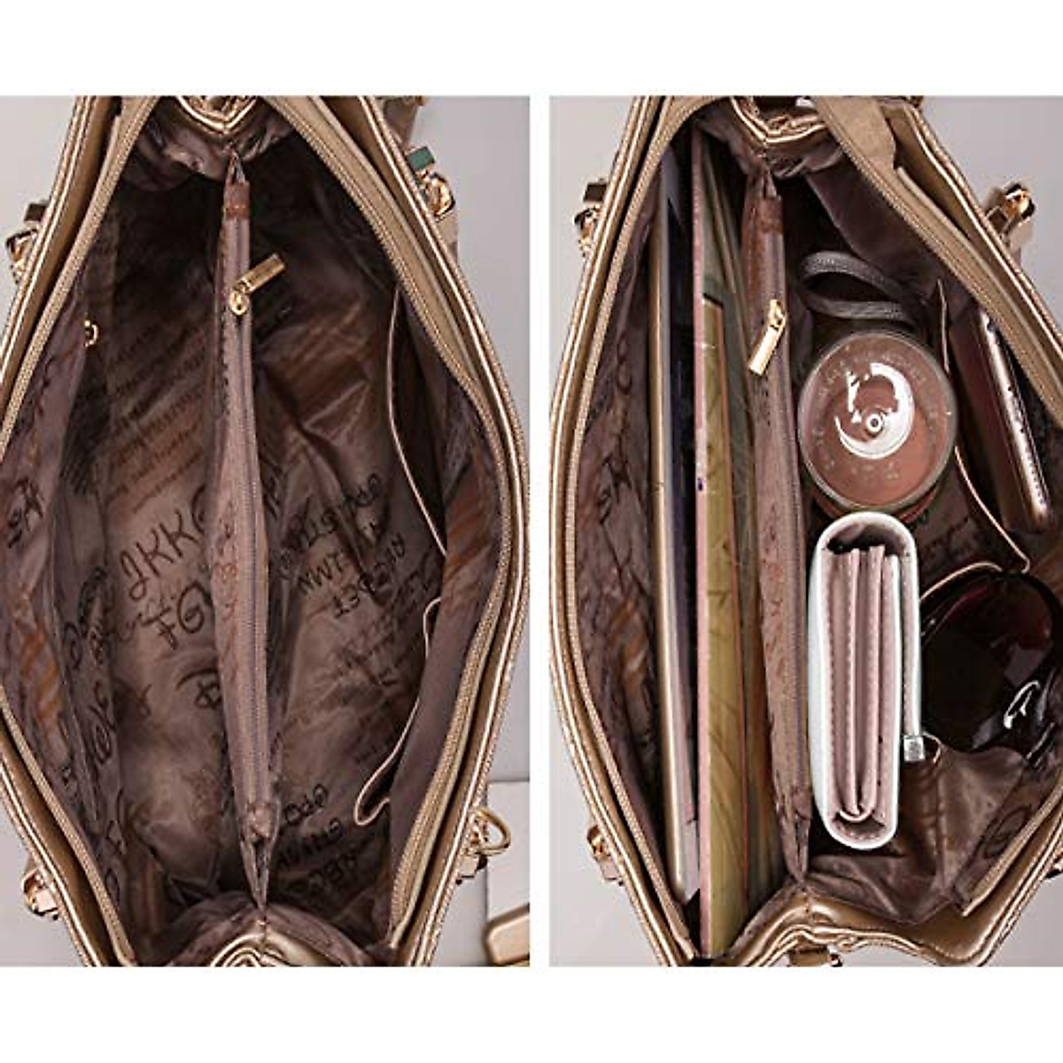 FiveloveTwo Women PU Ladies Handbag Purse Tote Satchel Shoulder Bag Tassel Print 4pcs Set Top Handle Bag Clutch Card Holder Gold