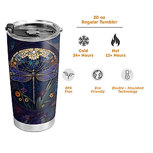 ORCAE 20oz Blue Purple Stained Glass Dragonfly Tumbler, Gifts for Dragonfly Lovers, Coffee Thermos for Women, Stainless Steel Double Wall Vacuum Insulated Coffee Mug, Travel Cup with Lid - G