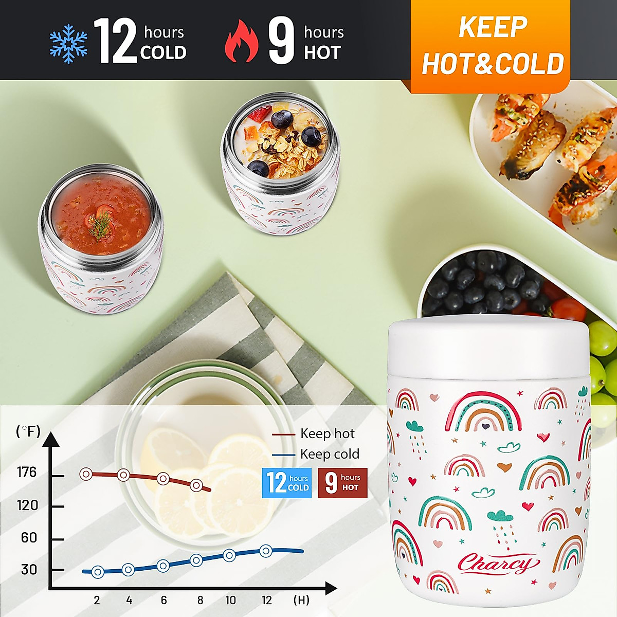 Charcy 9oz Stainless Steel Vacuum Insulated Kids Food Jar - Soup Thermo for Hot & Cold Food - White Rainbow