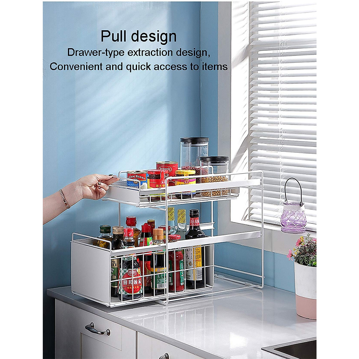 LEAYAN Under Sink Storage 2 Tier Drawer Organizer, Under Sink Storage Rack with Sliding Basket Drawer, Pull Out Drawers Under Sink, for Kitchen Bathroom Under Sink Rack Shelf, White 40 * 28 * 40cm