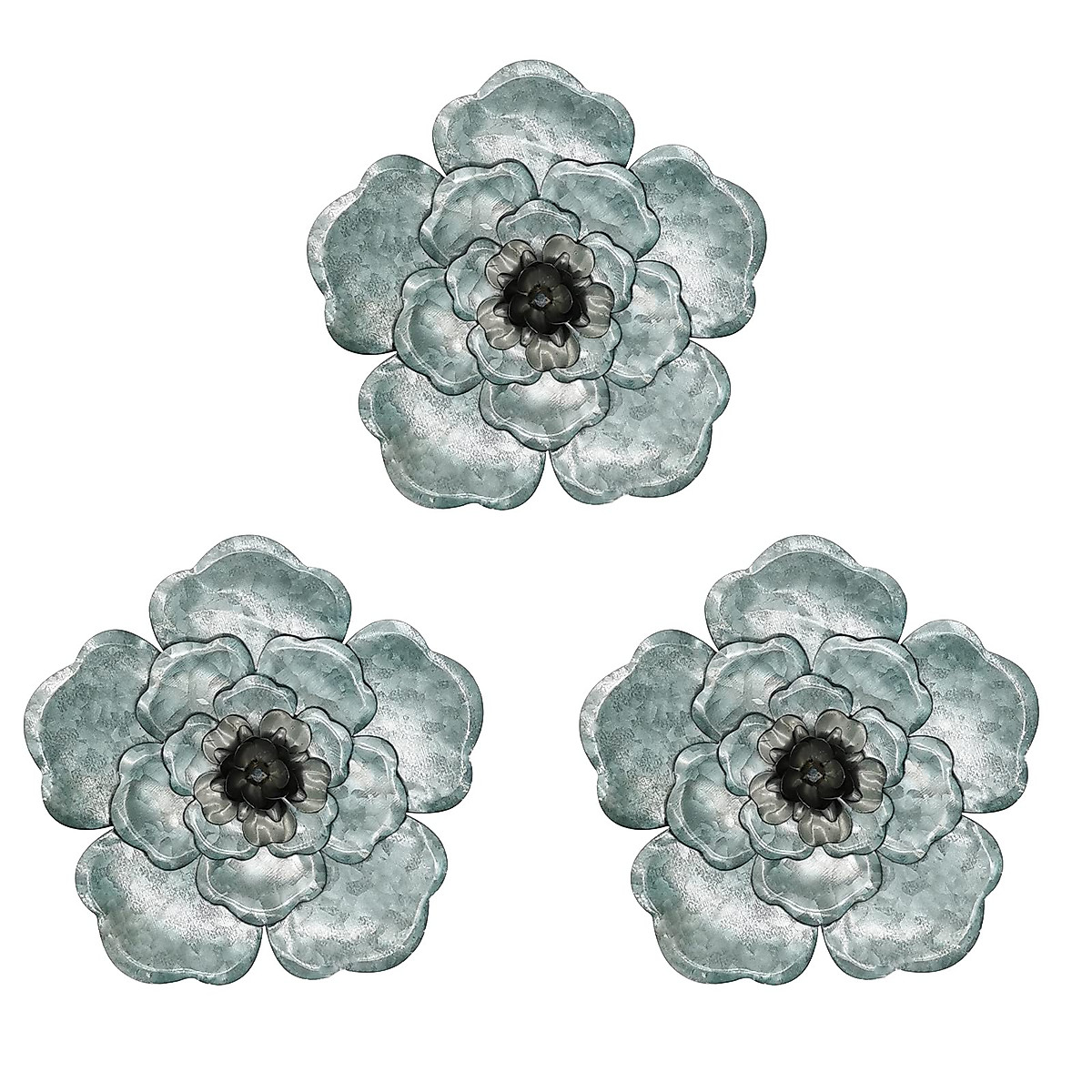8 Inch Metal Flower Wall Art Multiple Layer Decor for Home Bedroom Living Room Office Garden Set of 3 (BLUE)