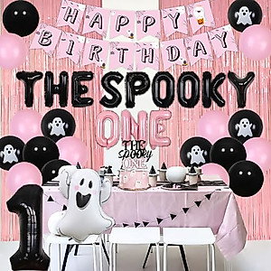 The Spooky One Birthday Decorations Girl, Pink Curtain Backdrop with Pink Black Balloons, The Spooky One Cake Topper White Ghost Black Bat Foil Balloons for Halloween 1st Birthday Party Decorations