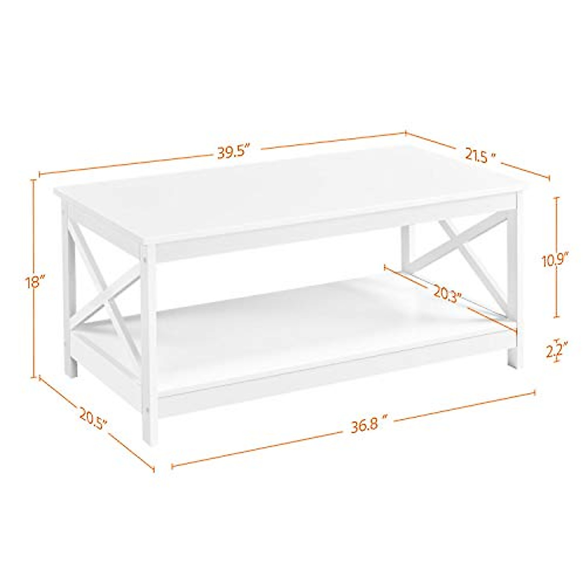 Yaheetech Wood 2-Tier White Coffee Table with Storage Shelf for Living Room, X Design Accent Cocktail Table, Simple Design Home Furniture, 39.5 x 21.5 x 18 Inches