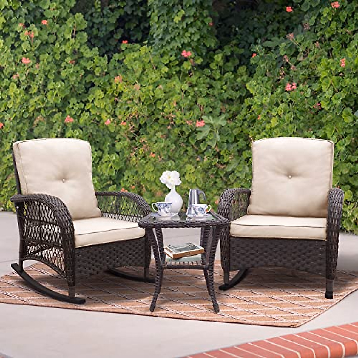 JP Outdoor Rattan Rocking Chair Set of 3 with Khaki Soft Cushion and Coffee Table, Patio Backyard Garden Living Room All-Weather Resin Wicker Furniture