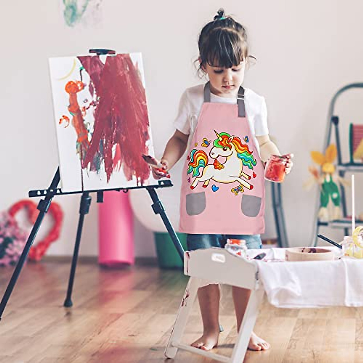 FUSOTO Unicorn Kids Aprons for Girls, Kids Cute Kitchen Cooking Apron for Ages 6-12, Kids Artist Painting Apron with Pockets, Arts and Crafts for Kids, Unicorns Gifts for Girls