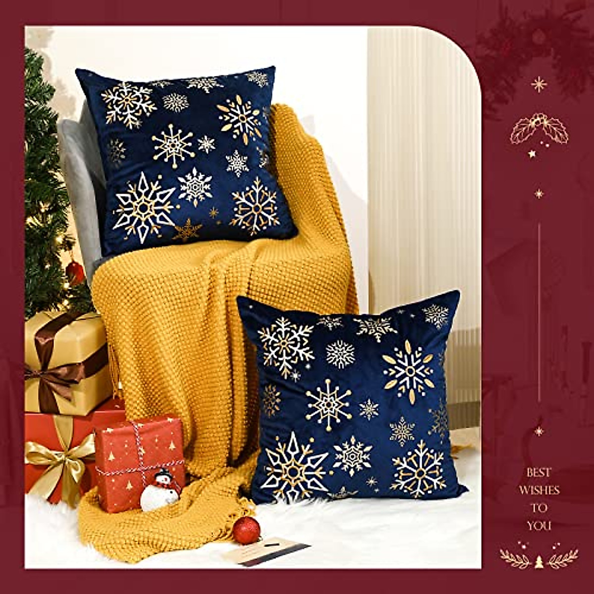 Lewondr Christmas Throw Pillow Covers, Snowflake Embroidery Hot Stamping Pattern Pillowcases Home Xmas Decorative Cushion Covers Soft for Sofa Bed Chair, 2 Pack, Navy Blue