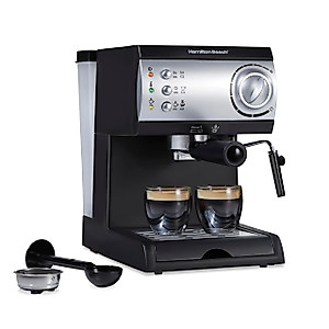 Hamilton Beach 15 Bar Espresso Machine, Cappuccino, Mocha, & Latte Maker, with Milk Frother, Make 2 Cups Simultaneously, Works with Pods or Ground Coffee, 50 oz. Water Reservoir, Black