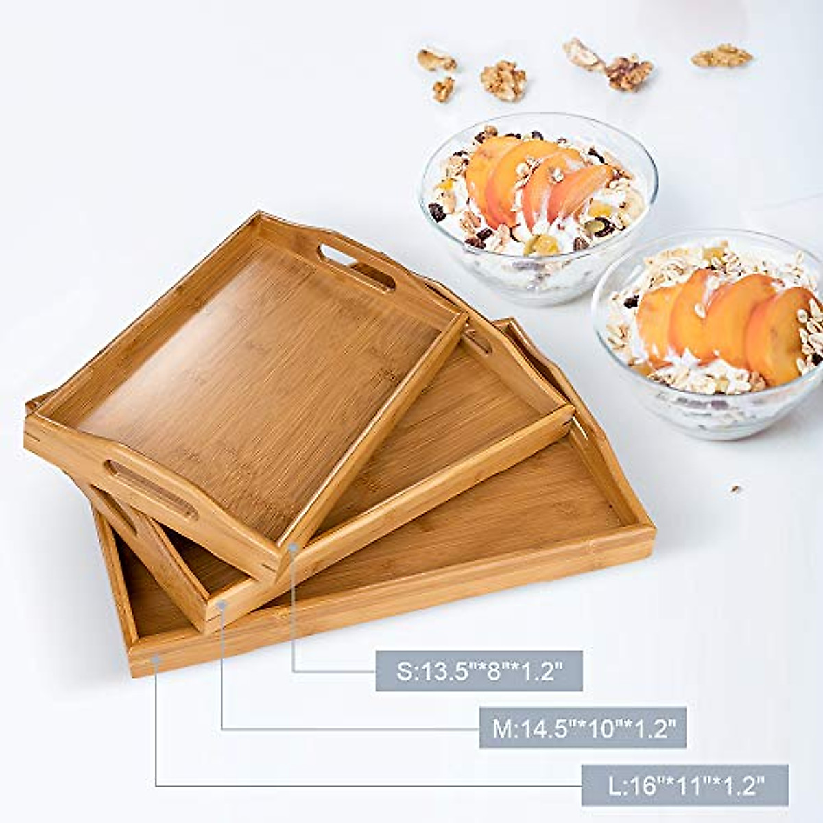 Wood Serving Tray with Handles Boobam Serving Tray Set for Food,Breakfast,Dinner,Ottoman Coffee Table, Parties,Restaurants(3 Pack)