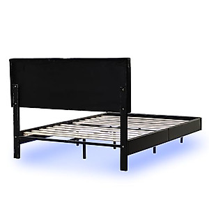 WADRI Modern Queen Size Upholstered Platform Bed, Full Size Floating Bed Frame with LED Lights and USB Charging, LED Bed Frame for Kids Teens Adults, No Box Spring Needed (Black + PU-79X)
