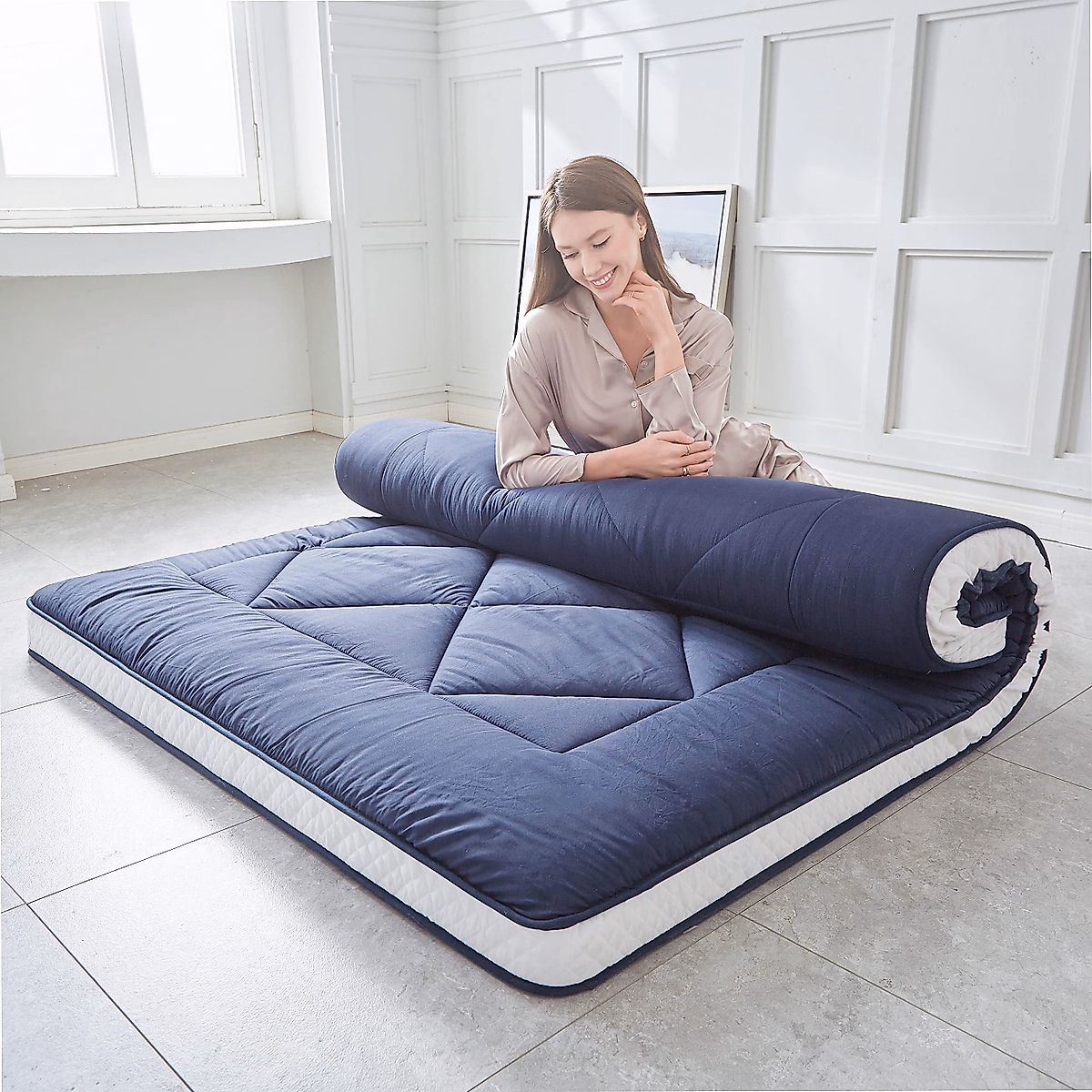Heimorn Japanese Floor Futon Mattress - Thicken Sleeping Foldable & Portable Roll up Camping Mattress, Blue Full