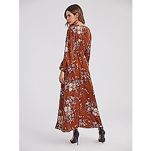 Floerns Women's Summer Wrap V Neck Long Sleeve Belted Floral Print Maxi Dress Rust Brown S
