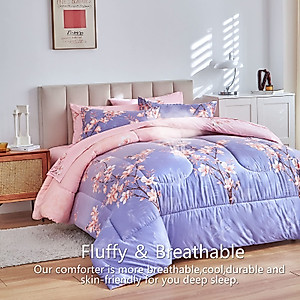 AIKASY Pink and Light Purple Queen Comforter Set with Sheets,Bed in a Bag 7-Pieces,Branches and Flowers Printing Design,Ultra Soft Down Alternative All Season Bedding Set(Queen,Blossom Stem)