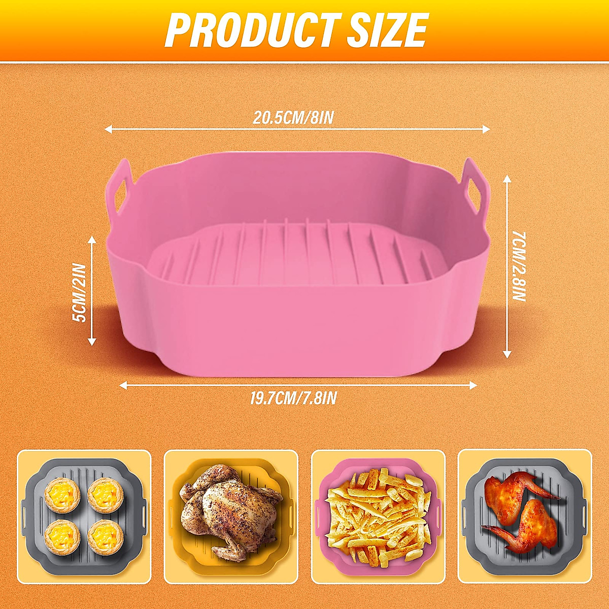 3 Pcs Air Fryer Silicone Liners, Air Fryer Basket 8 inch Square Heat Resistant Reusable Air fryers Silicone Pot for 4 to 7 QT Air Fryer Oven Microwave (Gray+Pink+Yellow)